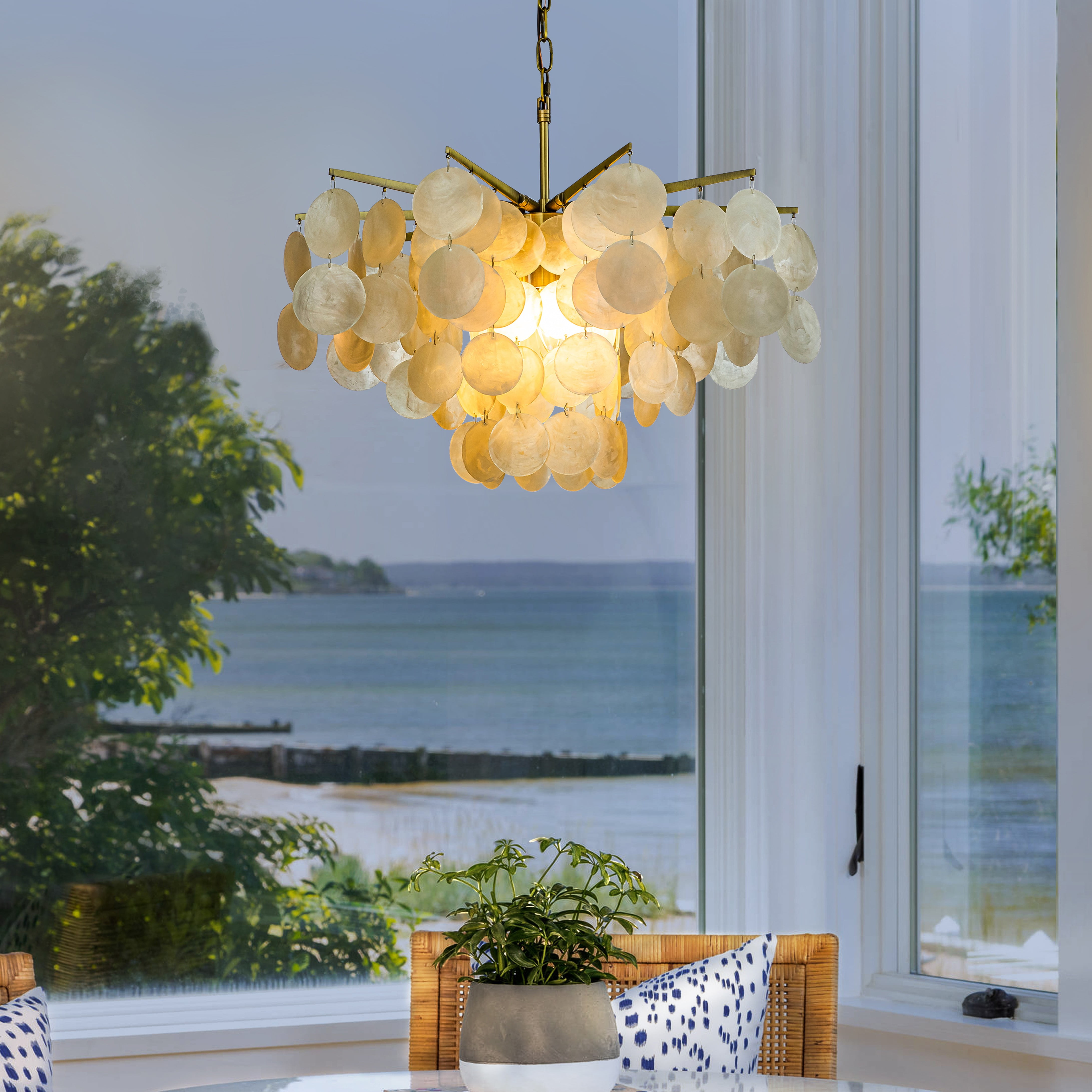 4-Light 22" Cone Shape 4-Tier Coastal Capiz Shells Chandelier With ...