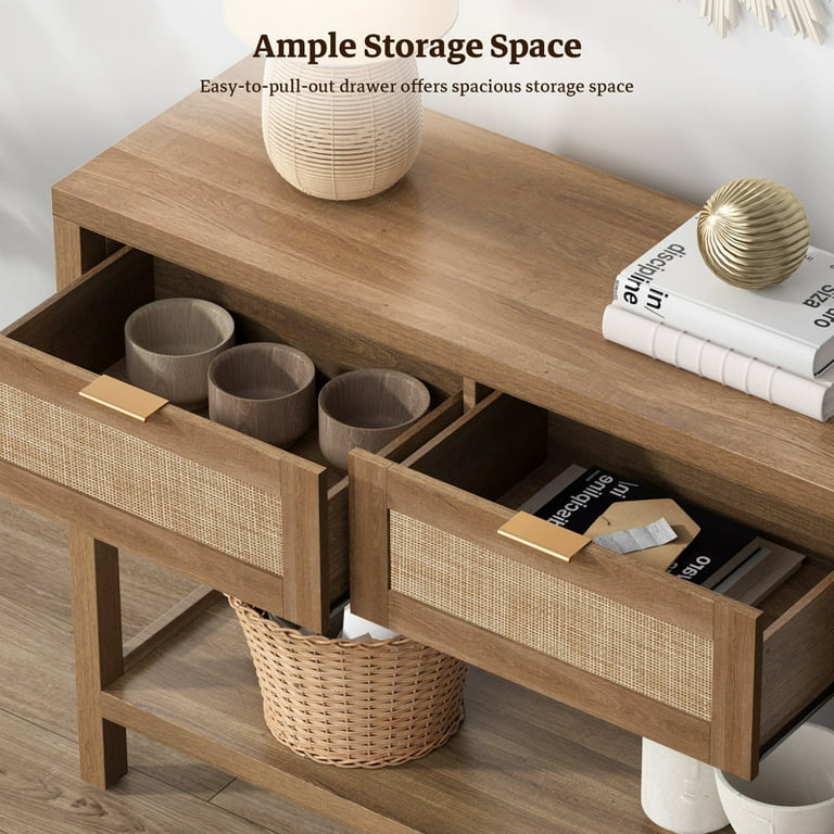 Surmoby Rattan Console Table with 2 Drawers Boho Wood Entryway Table Hallway Table with Open Storage Shelf Narrow Sofa Table for Foyer Living Room and