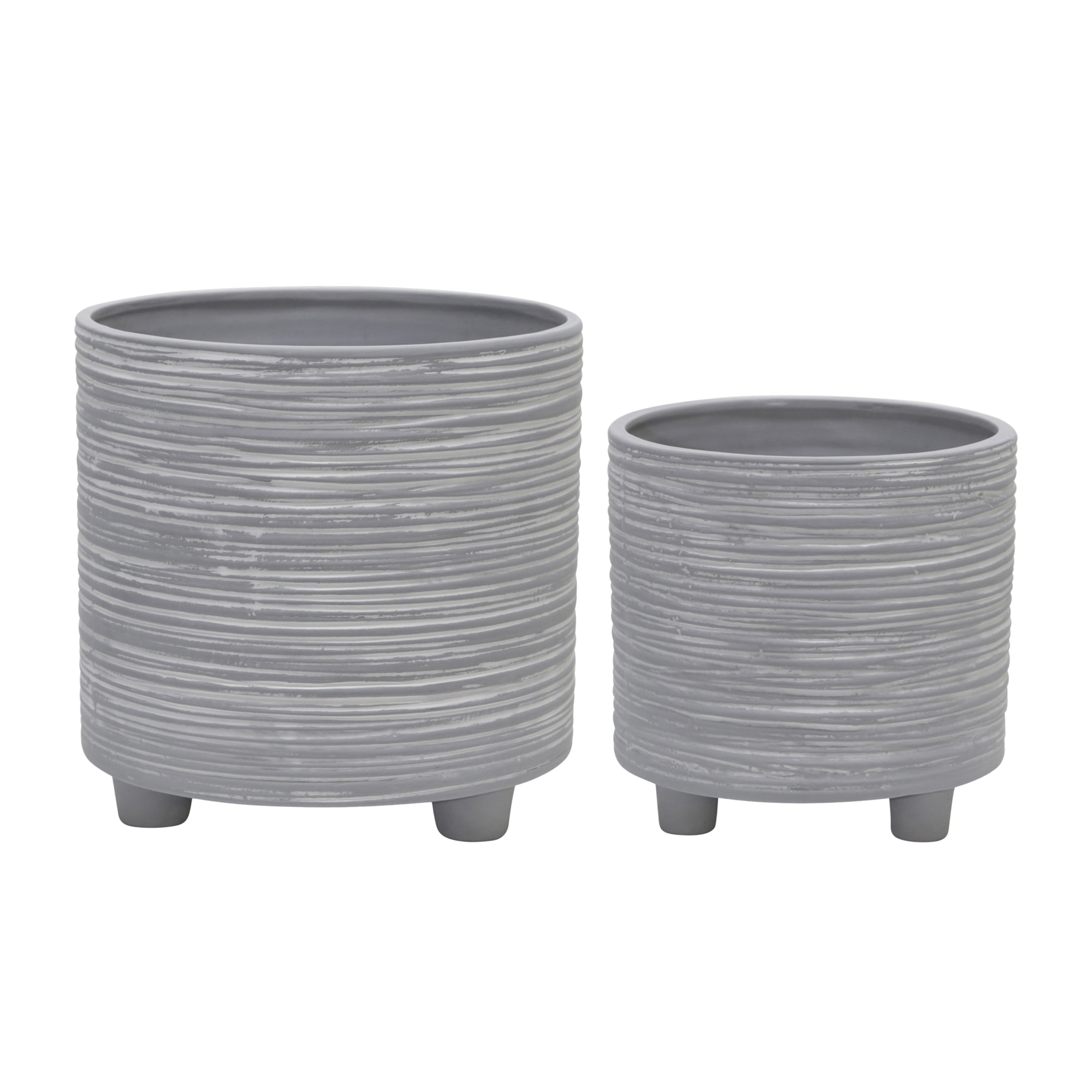 Sagebrook Home Set Of 2 Footed Planter With Lines 6/8", Gray, Round ...