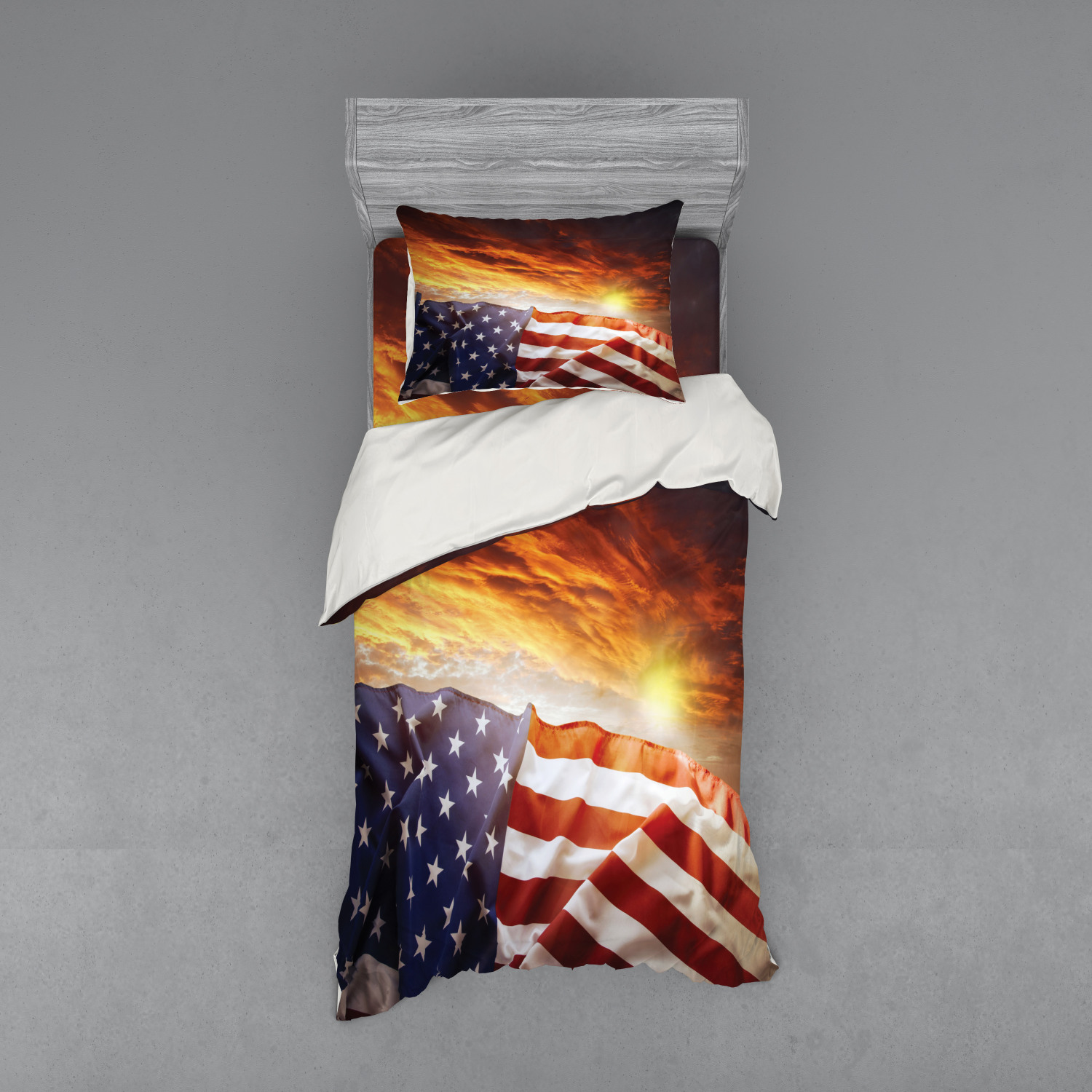 American Flag Duvet Cover Set, Banner in Front of Sunset Sky Horizon ...