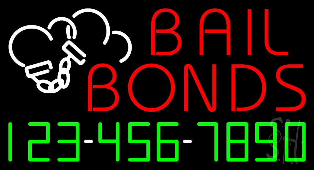 Red Bail Bonds with Phone Number LED Neon Sign 13 x 24 - inches, Black ...