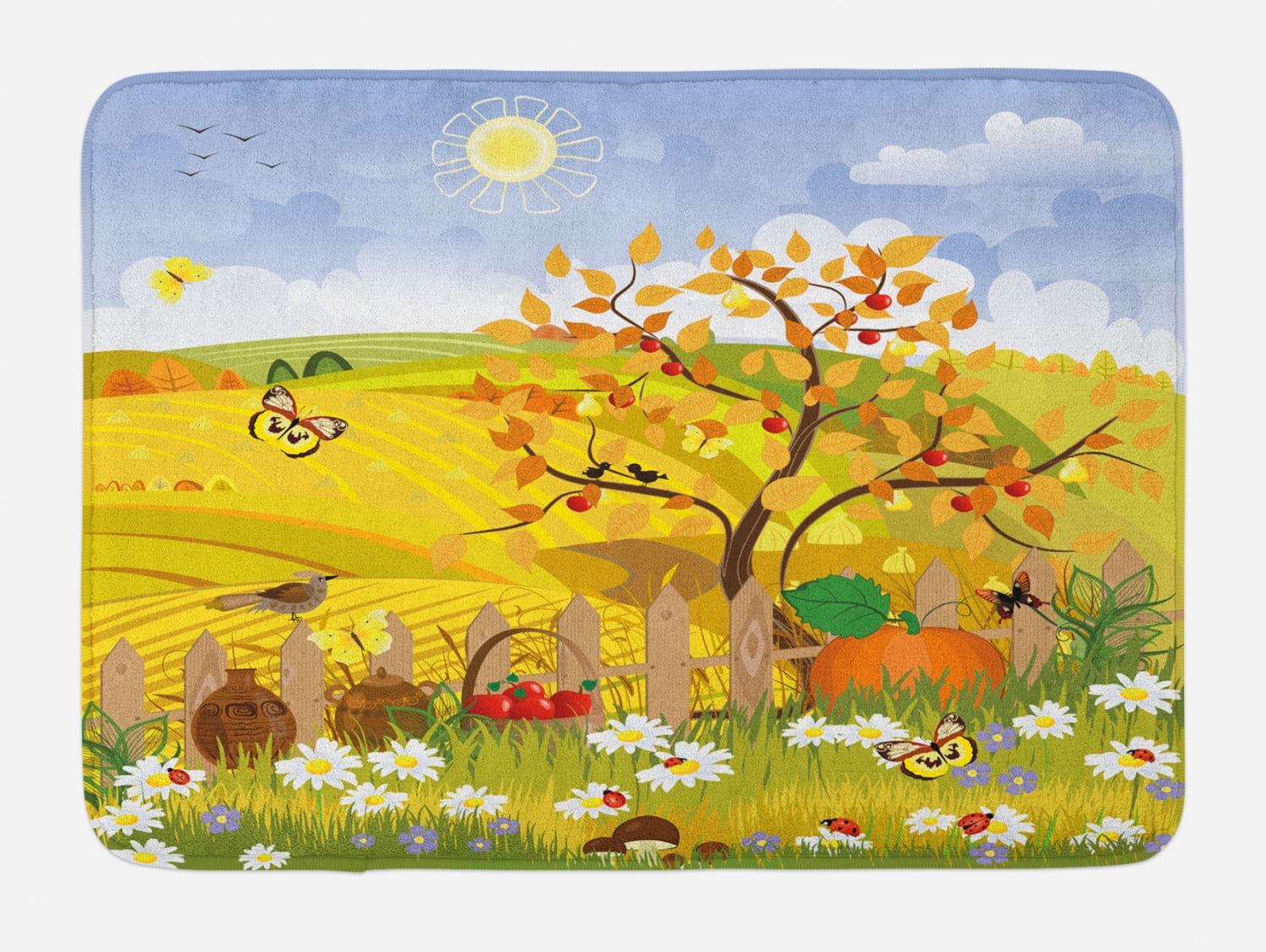 Fall Bath Mat, Rural Scenery with Sun Butterflies Birds and Daisies on ...