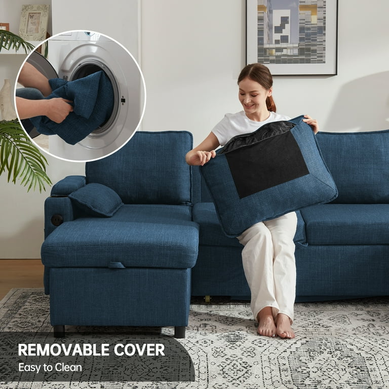 Convertible Sofa Bed Sleeper Pull Out Sectional Couch with Storage L Shaped Couch Bed for Living Room Apartment Small Space Blue