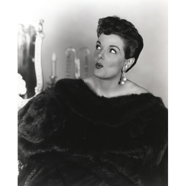Jane Russell Portrait in Black Fur Pelt Coat and Pearl Earrings while ...