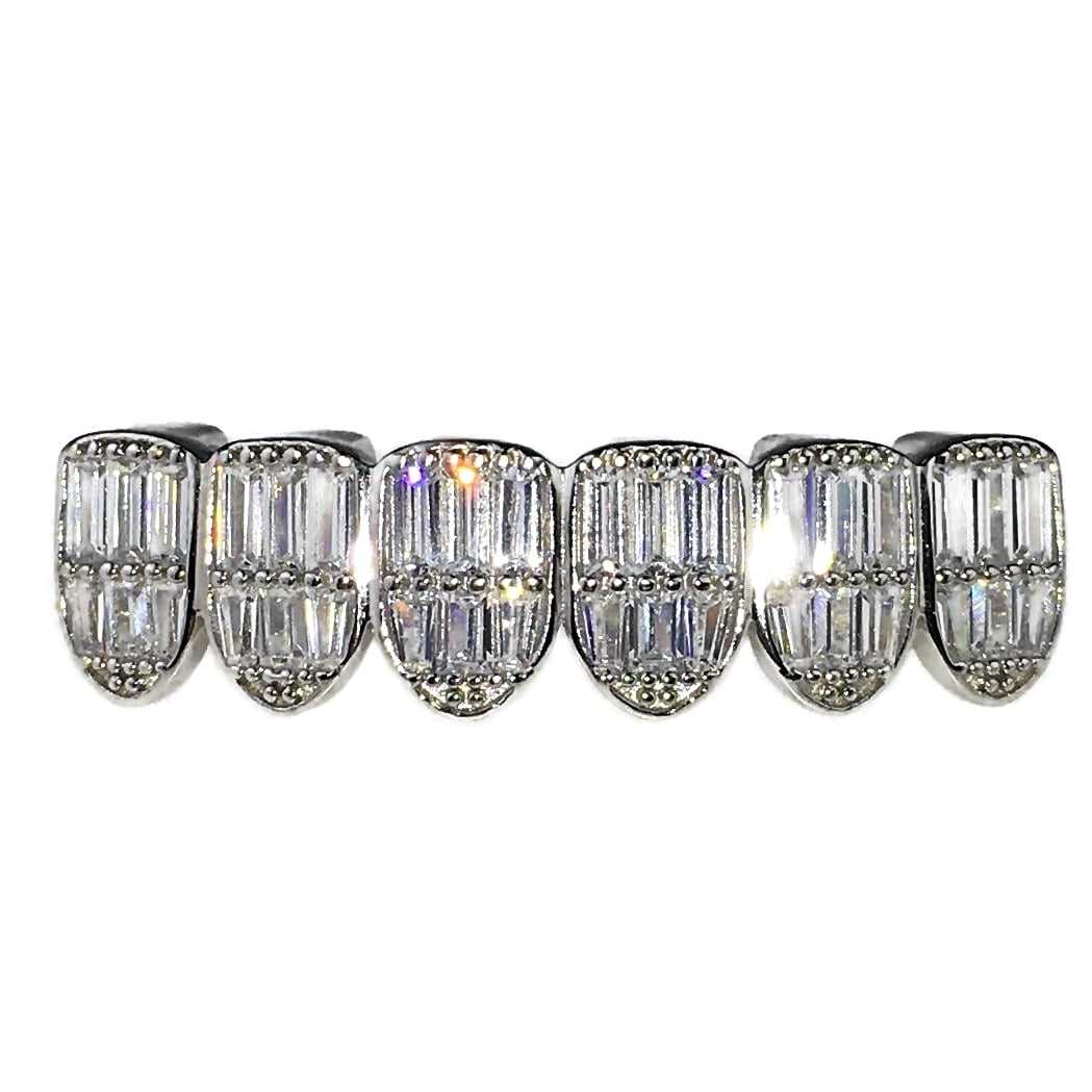 Real Solid 925 Sterling Silver Grillz Baguette CZ Bling Ice Grills For ...