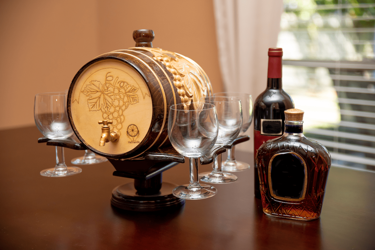 Wine and Whiskey Barrel With Rotating Glass Rack , Handmade and ...