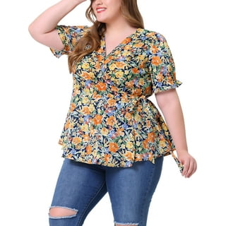 Unique Bargains Women's Plus Size Outfits Fashion Floral Ruffle Flowy Babydoll Blouse - Walmart.com
