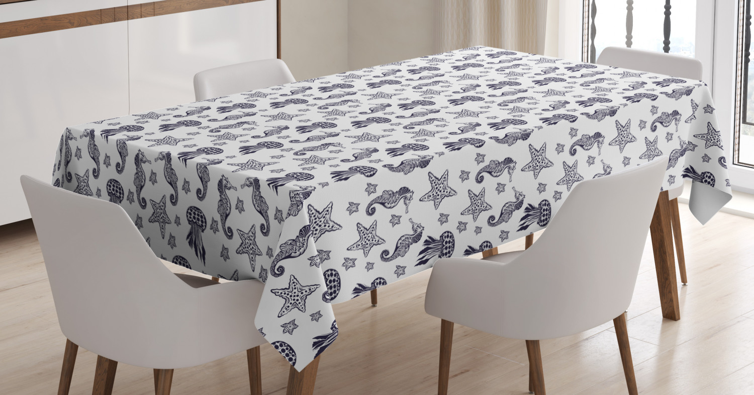 Seahorse Tablecloth, Engraving Style Tropical Underwater Animals ...