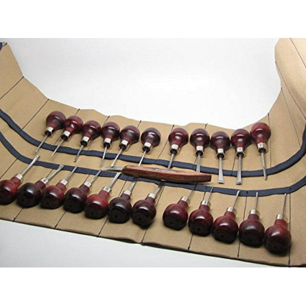 24pc Ramelson Palm Woodcarving Gunsmith Tools Gouges V U Chisels Canvas ...