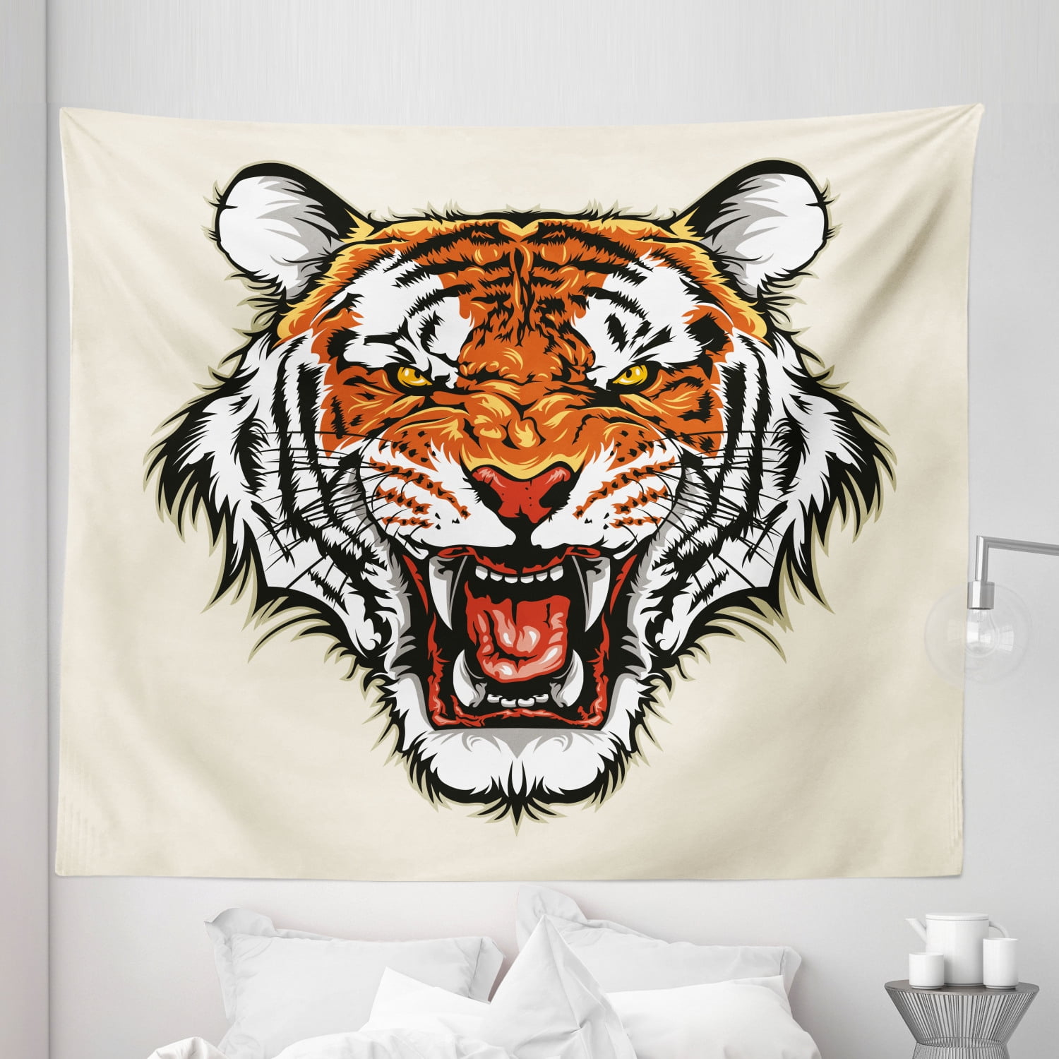 Tiger Tapestry, Angry Ready to Attack Beast with Sharp Fangs Jungle ...