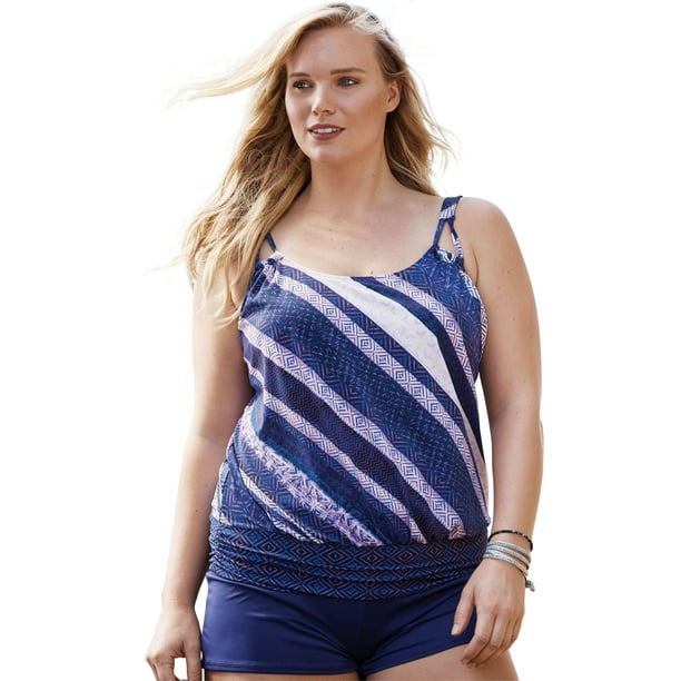 Swimsuits For All Womens Plus Size Loop Strap Blouson Tankini Top 32