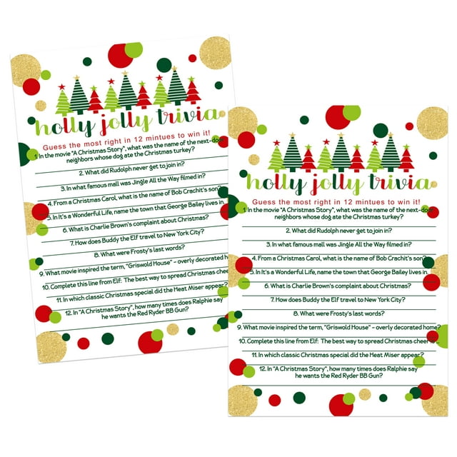 Jolly Trees Christmas Trivia Game Cards 25 Pack Version 3 Festive ...