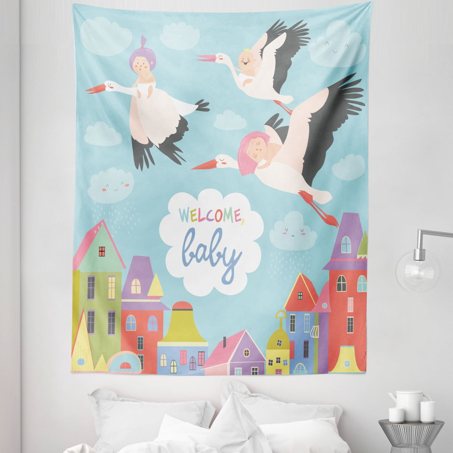 Party Tapestry, Storks Flying over Town Delivering Cartoon City ...