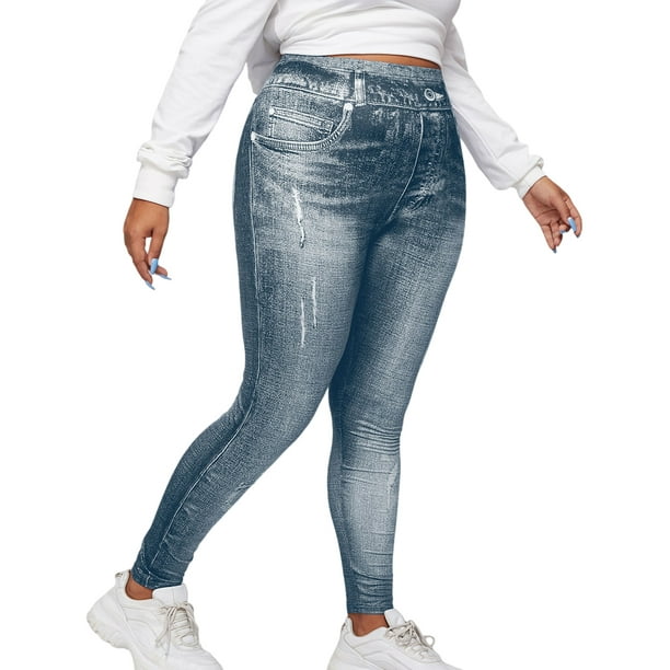 Innerwin Plus Size Leggings Tummy Control Ladies Fake Jeans Workout ...