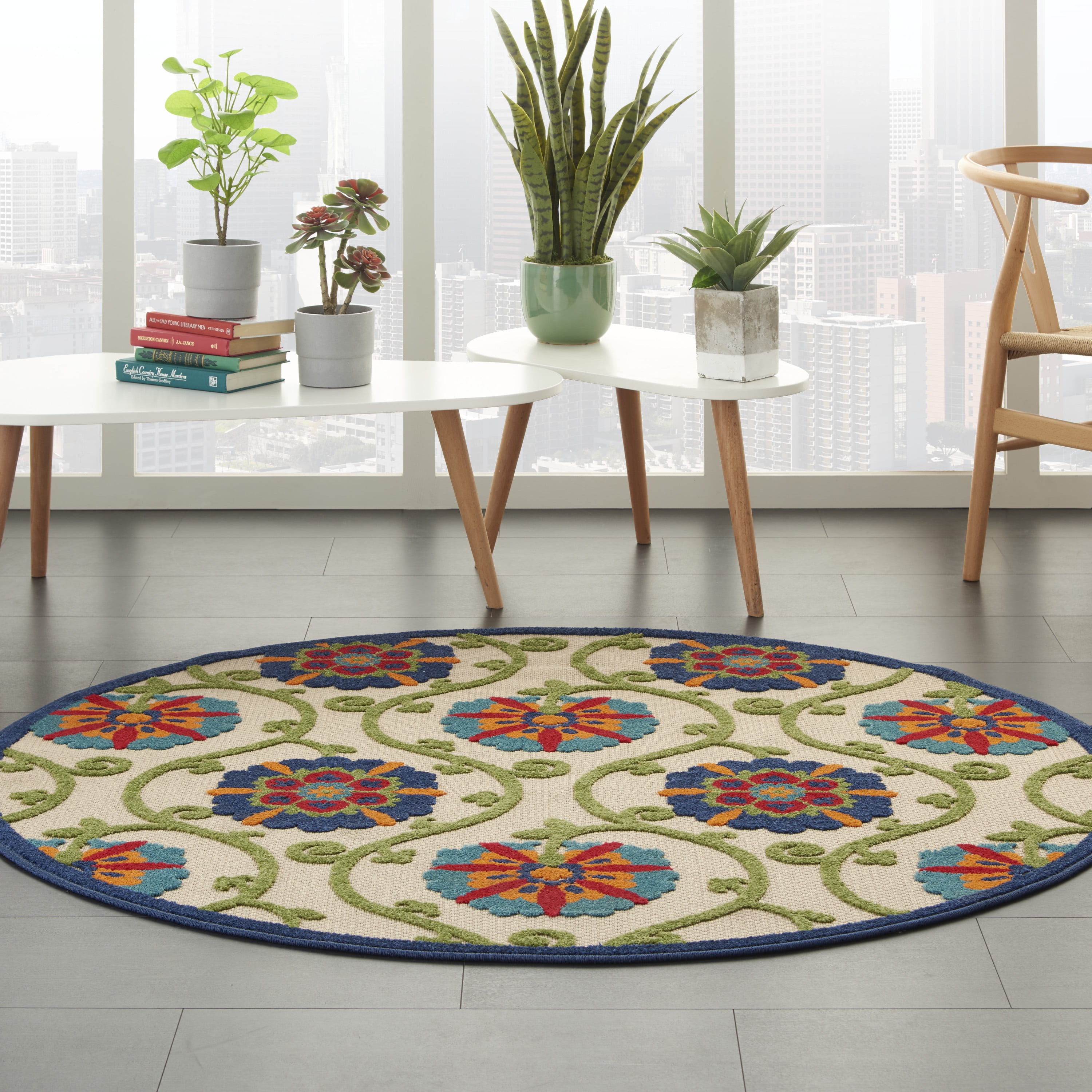 Nourison Aloha Indoor/Outdoor Blue/Multicolor 5'3" x round Area Rug, (5 ...