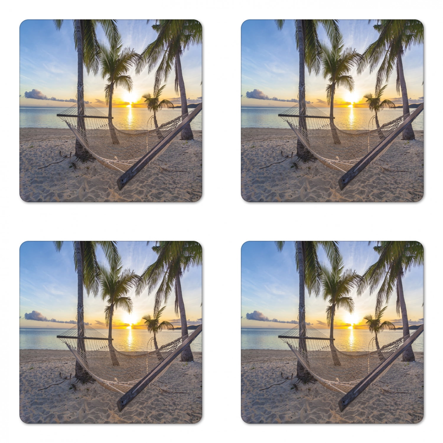Tropical Coaster Set of 4, Paradise Beach Hammock and Coconut Palm ...