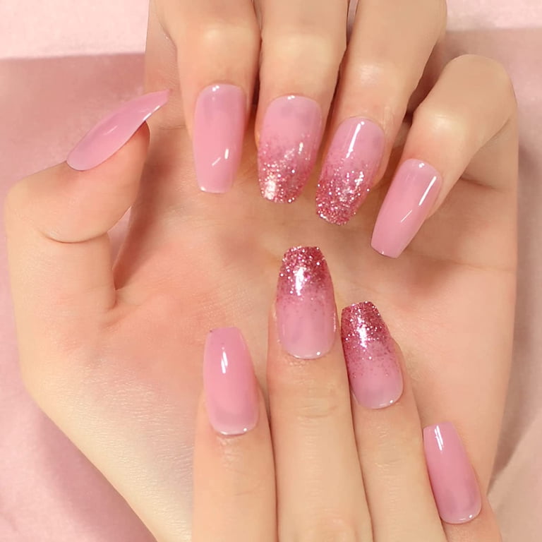 Clear Pink Glitter Acrylic Nails