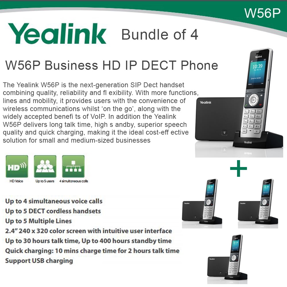 Yealink W56P Bundle of 4 Business HD IP DECT Phone and Base Unit, PoE ...