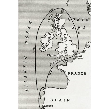 Map Showing The Route Of The Spanish Armada In 1588. From A First Book ...