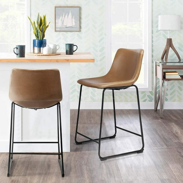 Set of Two Modern Carmel Faux Leather Bar Stools with Low Back ...