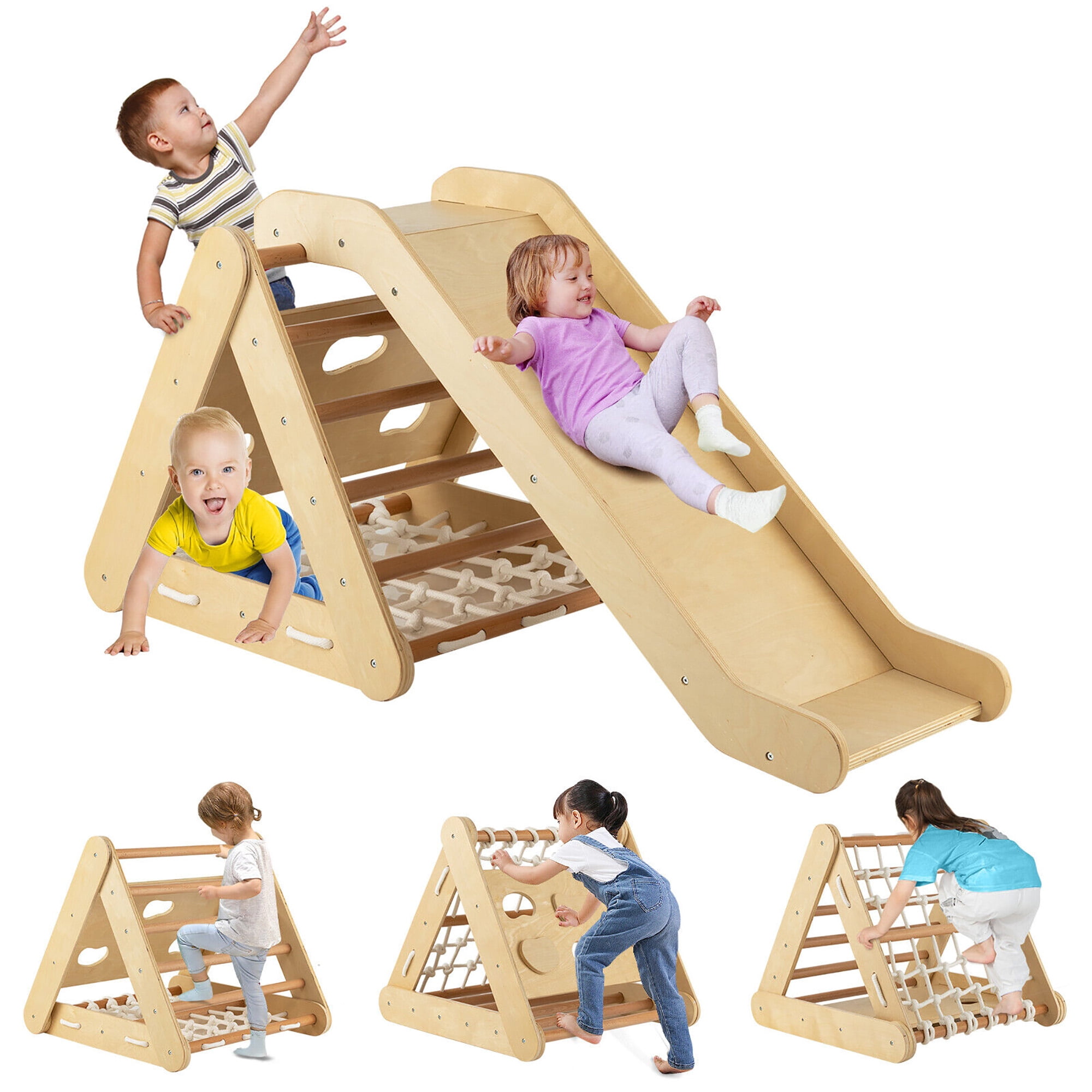 Gymax 4 in 1 Wooden Climbing Triangle Set Triangle Climber w/ Ramp ...