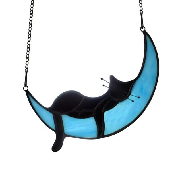 Xmarks Black Cat Decor On White Moon Stained Glass Window Hanging ...