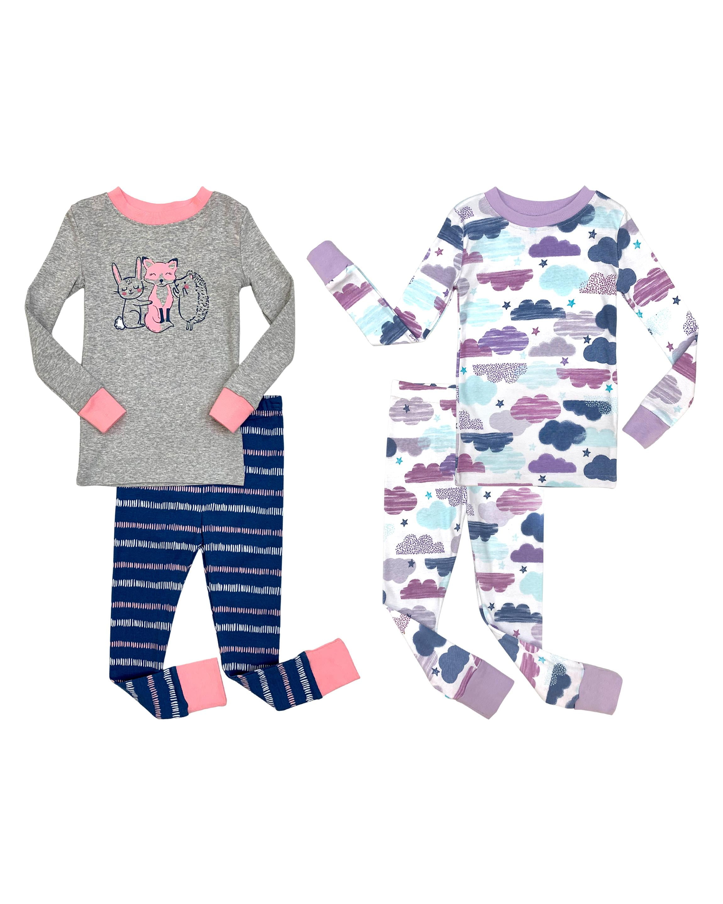 Big Girls Four-Piece Pajama Set, Female 2T-10, Gray-Lilac, Size: 2T ...