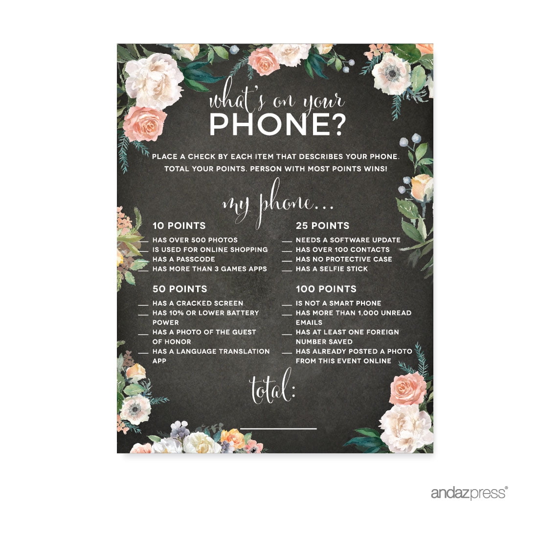 Peach Chalkboard Floral Garden, What's on Your Phone? Game Cards, 20 ...