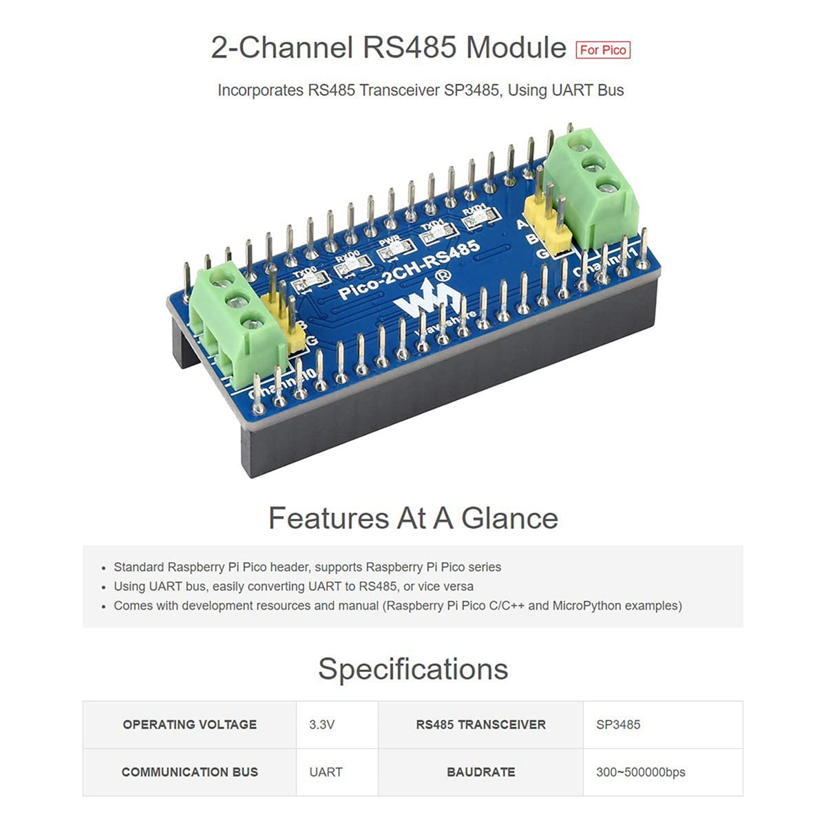 Buy 2-Channel RS485 Module HAT Breakout Shield for RPI Raspberry Pi PICO RP2040 Board , UART to ...