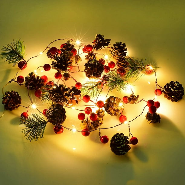 6.7FT Christmas Garland with Lights, 20 LED Red Berry Pine Cone Garland ...