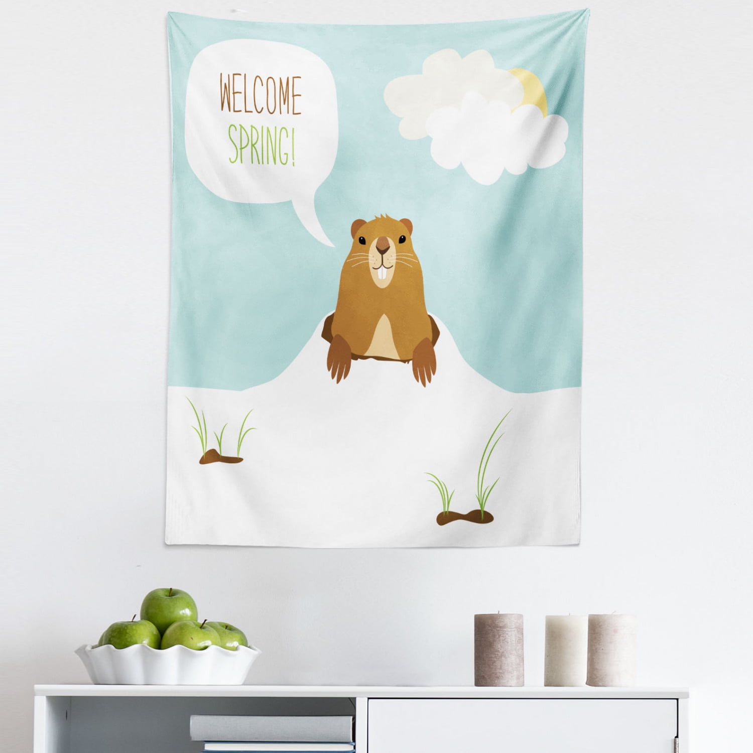 Groundhog Day Tapestry, Welcome Spring in Speech Bubble Funny Cartoon ...