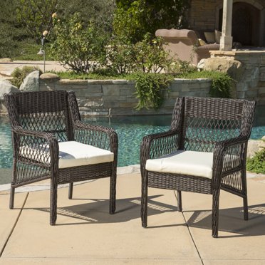Outdoor Brown Wicker Dining Chairs with White Water Resistant Cushions ...