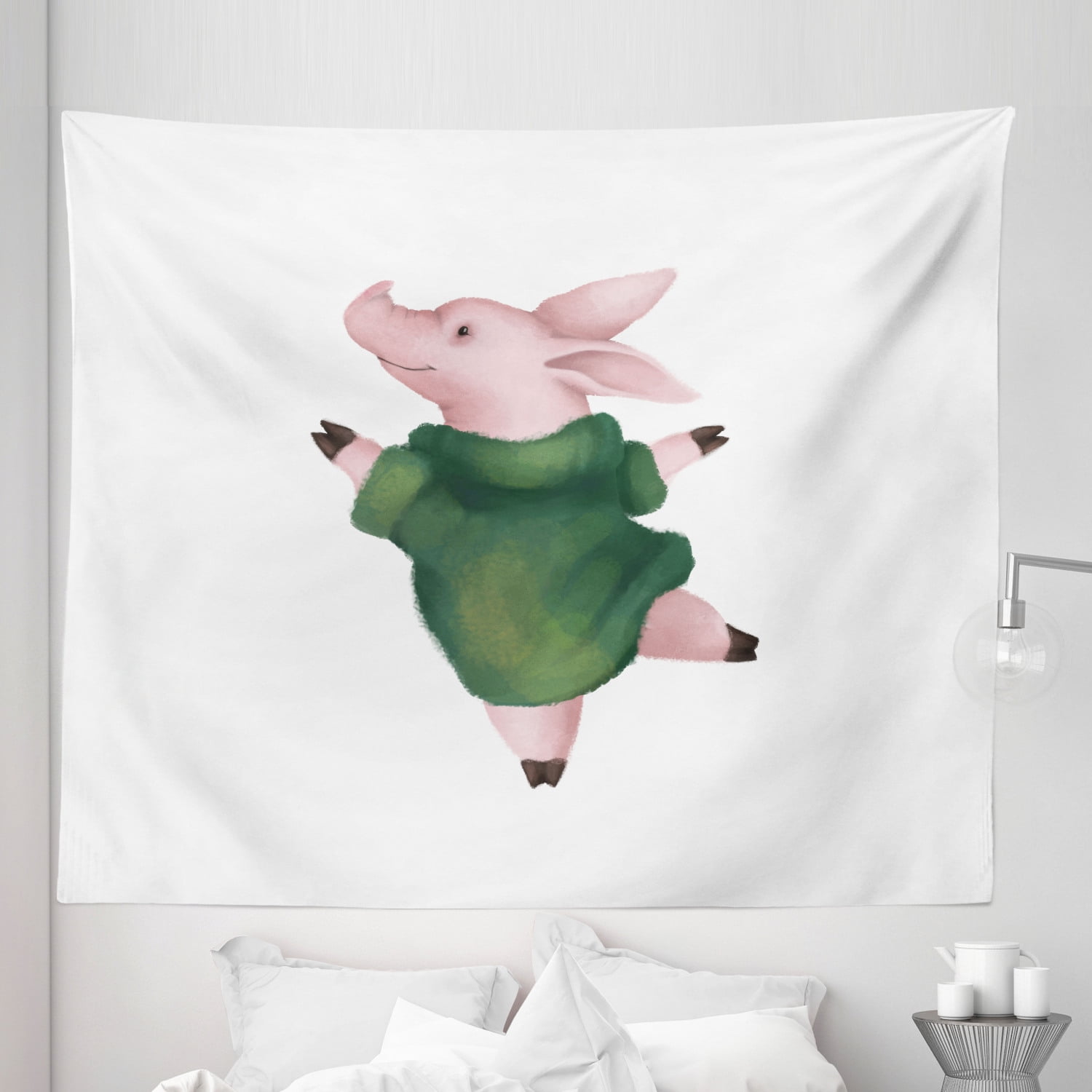 Farm Animal Tapestry, Image of Drawn Dancing Pig in Warm Sweater ...