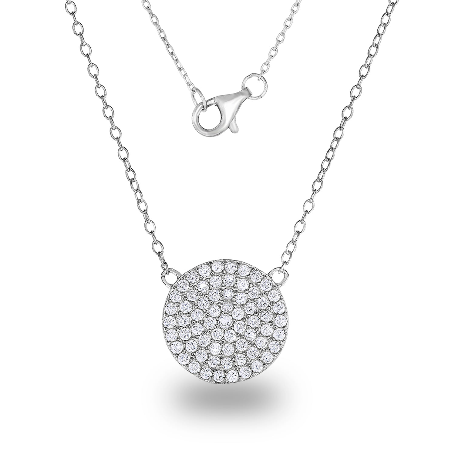 925 Sterling Silver Pave Cubic Zirconia Circle Disc Chain Necklace 18