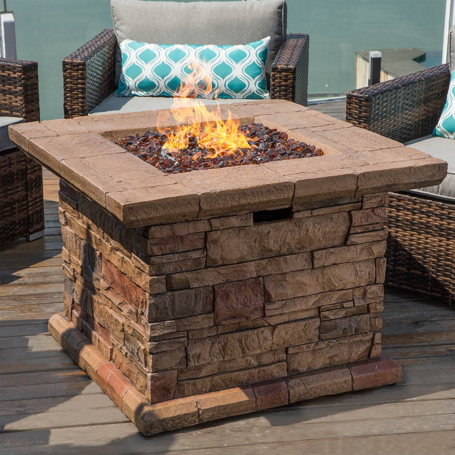 COSIEST Outdoor Propane 32-inch Square Fire Pit Table with Faux Brown ...