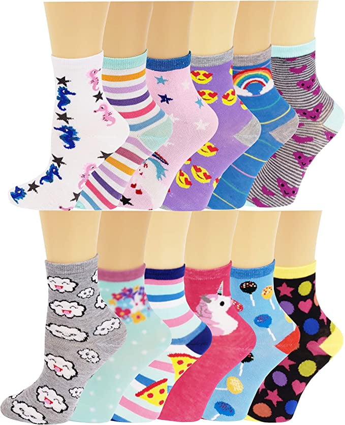 Ayla 12 Pairs Kids Girls Assorted Fun Novelty Design Crew Socks ...