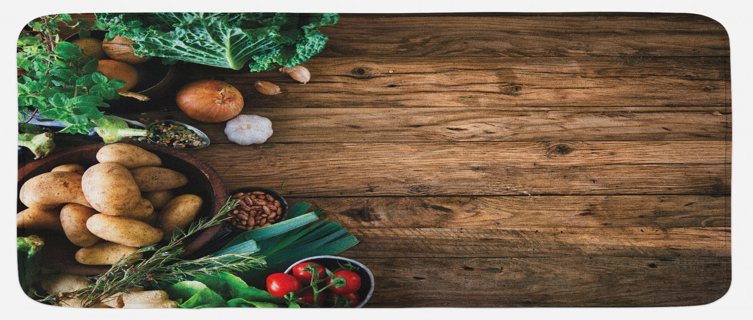Harvest Kitchen Mat, Vegetables on Wooden Table Healthy Options Organic ...