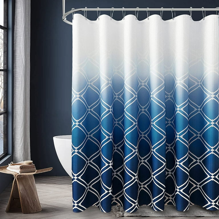 Navy Blue Shower Curtain Blue and White Reeple Ombre Shower Curtain for Bathoom Modern Geometric Pattern Shower Curtains with 12 Hooks Waterproof