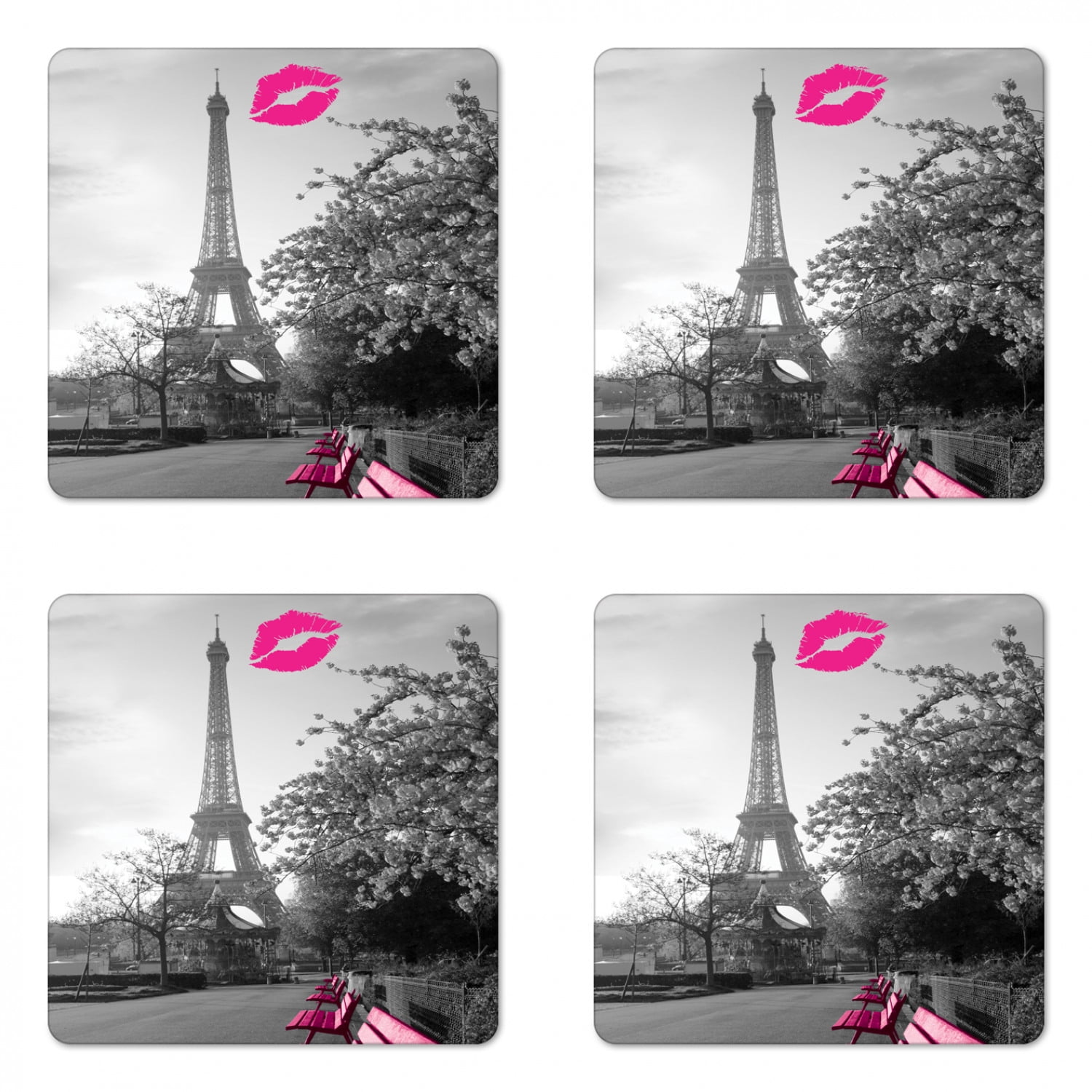 Paris Coaster Set of 4, Romantic Monochrome Photo of Eiffel Tower Pink ...