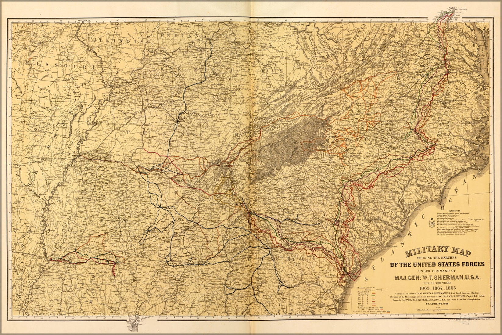 24"x36" Gallery Poster, map of marches under General Sherman 1863-65 ...