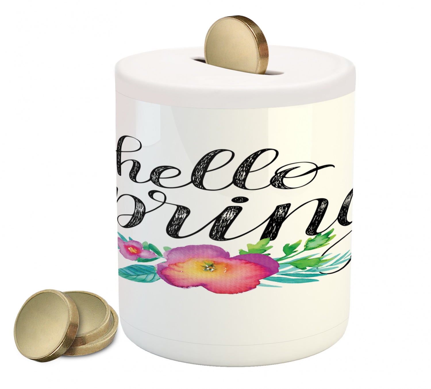 Hello Piggy Bank, Hand Lettering Phrase of Hello Spring on Watercolor ...