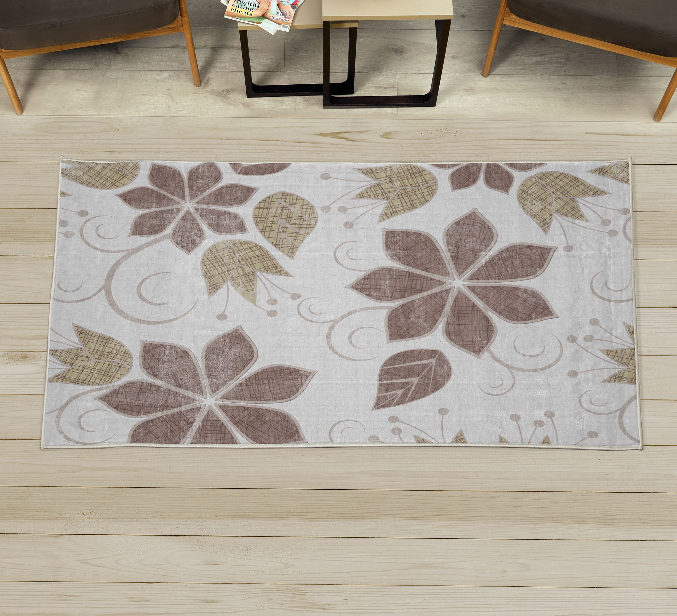 Floral Decorative Rug, Delicate Flowers with Swirling Ivy Branches ...