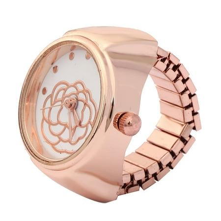 Finger Ring Watch Round Dial Rose Flower Pattern Women Finger Quartz ...