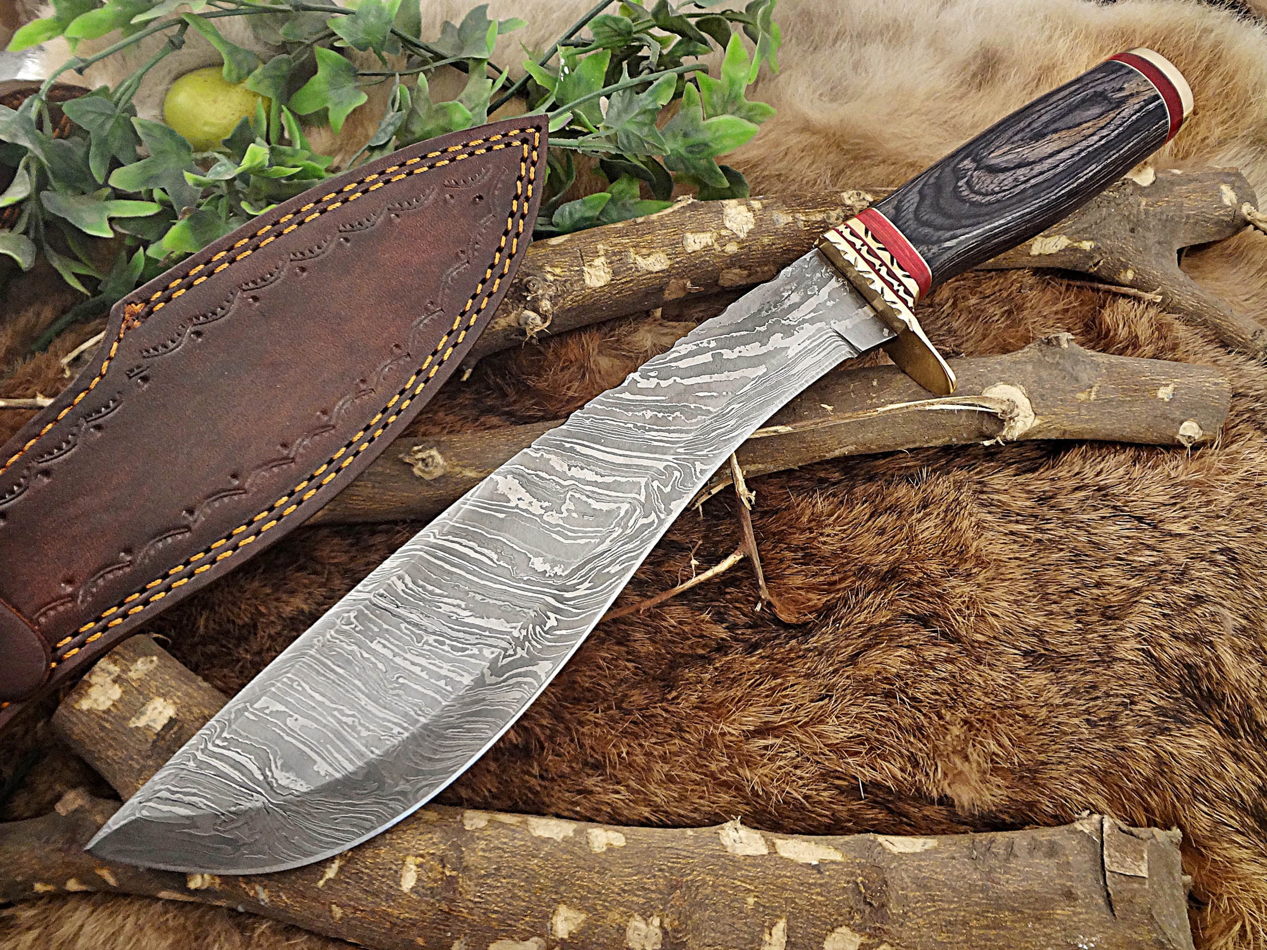 AE#90 Custom Made Damascus Steel Hunting BOWIE Knife With Beautiful Handle & Leather Sheath ...