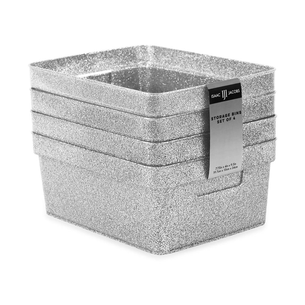 Isaac Jacobs 4-Pack Small Silver Glitter Storage Bin Set with Cutout ...