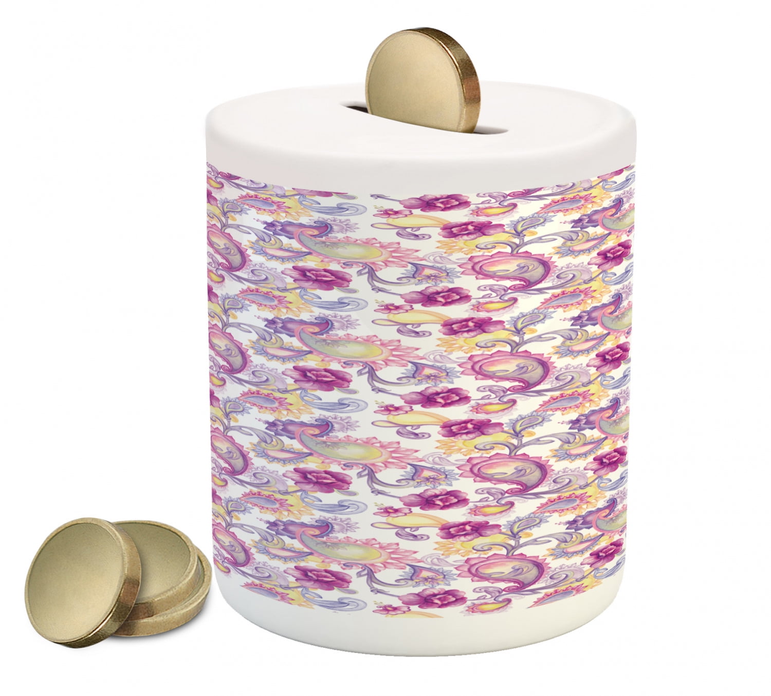 Paisley Piggy Bank, Watercolor Painting Look Peony Flowers Traditional ...