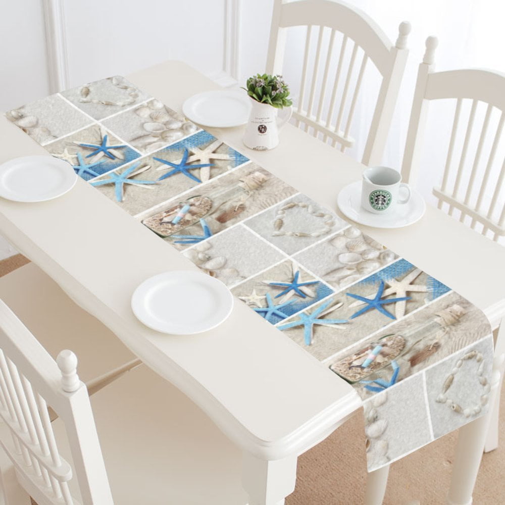 MYPOP Wooden Starfish Seashell Blue Table Runner Cloth Home Decor 14x72 ...
