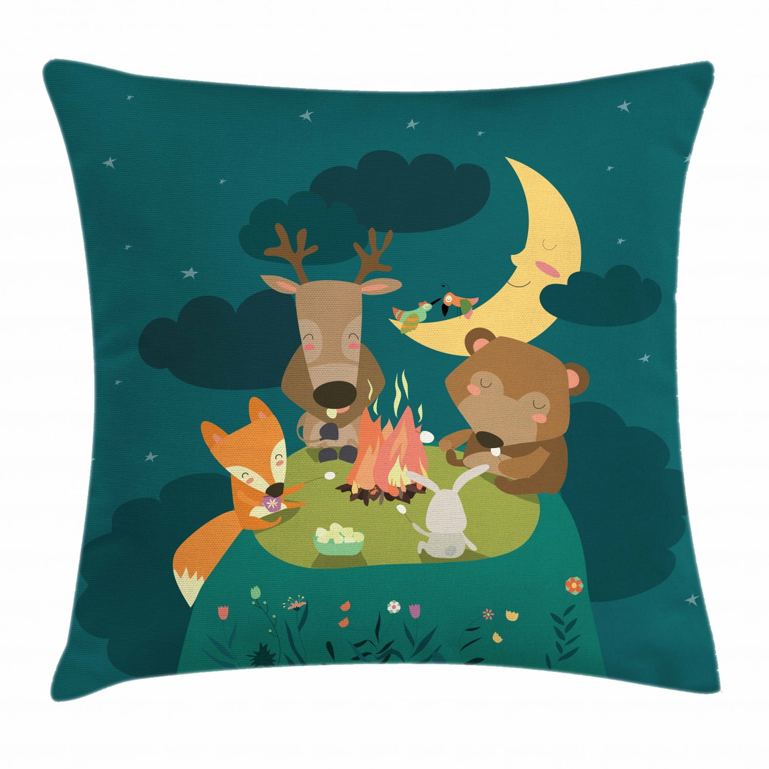 Animals Throw Pillow Cushion Cover, Animals Resting around Bonfire Fox ...