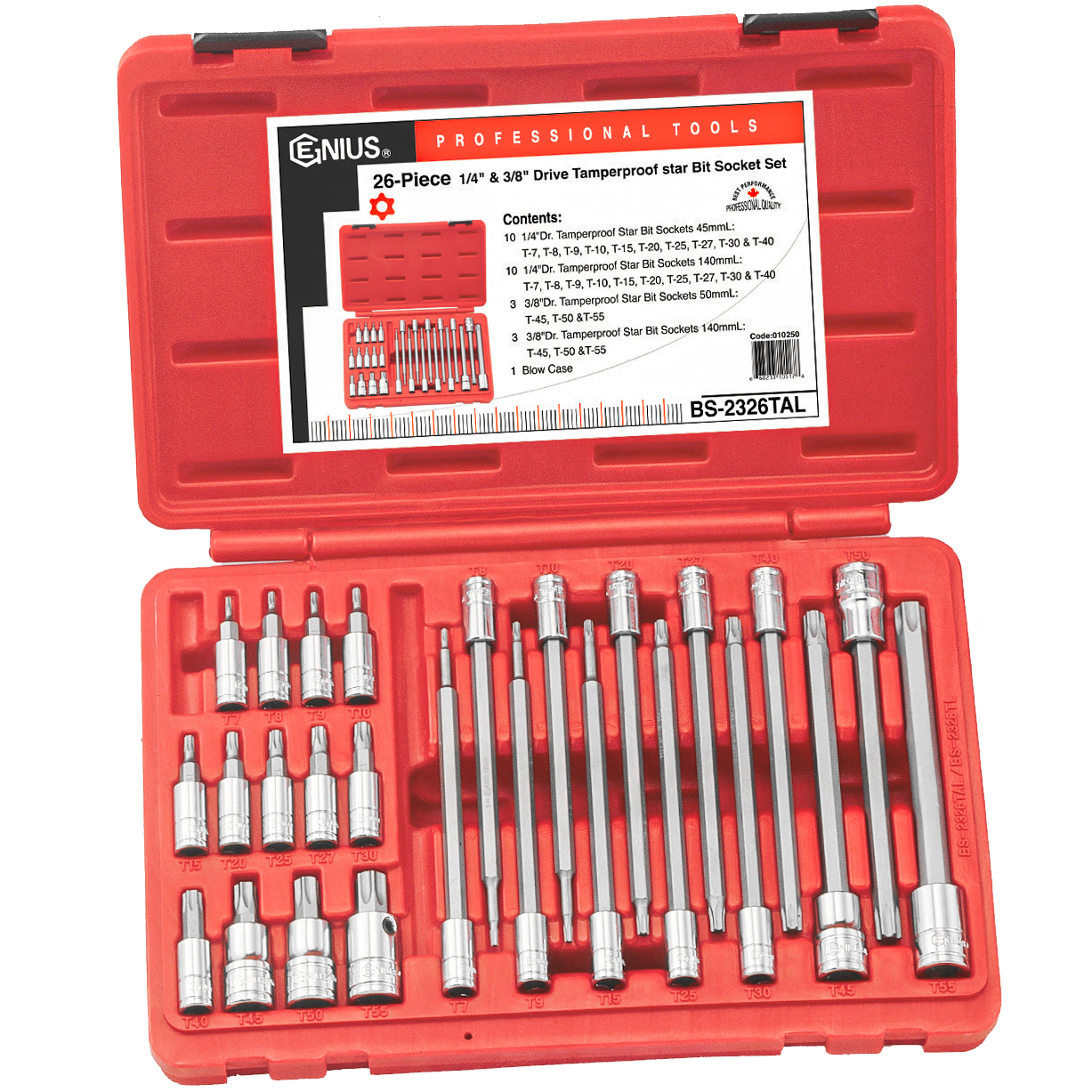 Genius Tools 26 Piece 1/4" & 3/8" Dr. Tamperproof Star Bit Socket Set ...