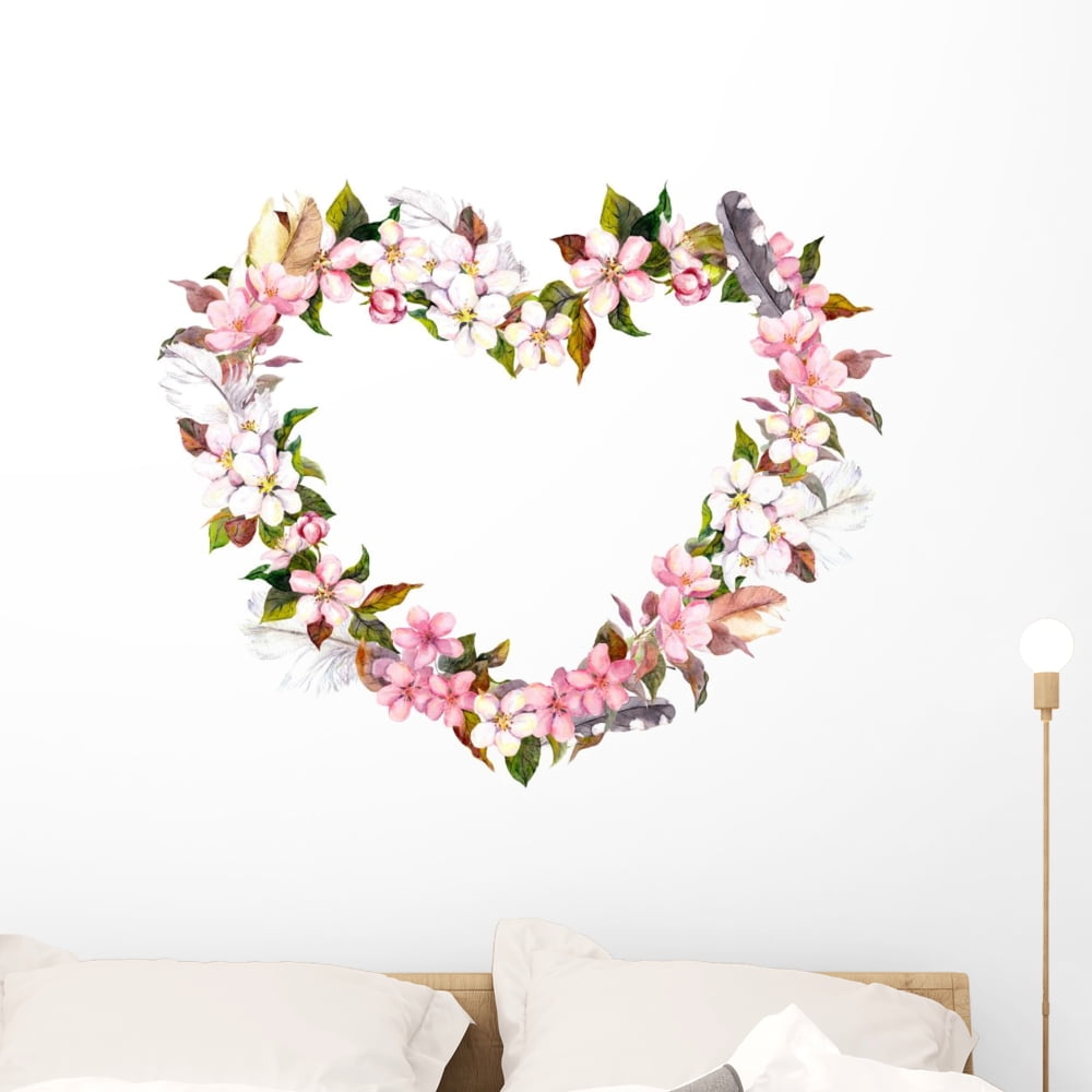 Floral Wreath Heart Shape Wall Decal Wallmonkeys Peel and Stick Floral ...